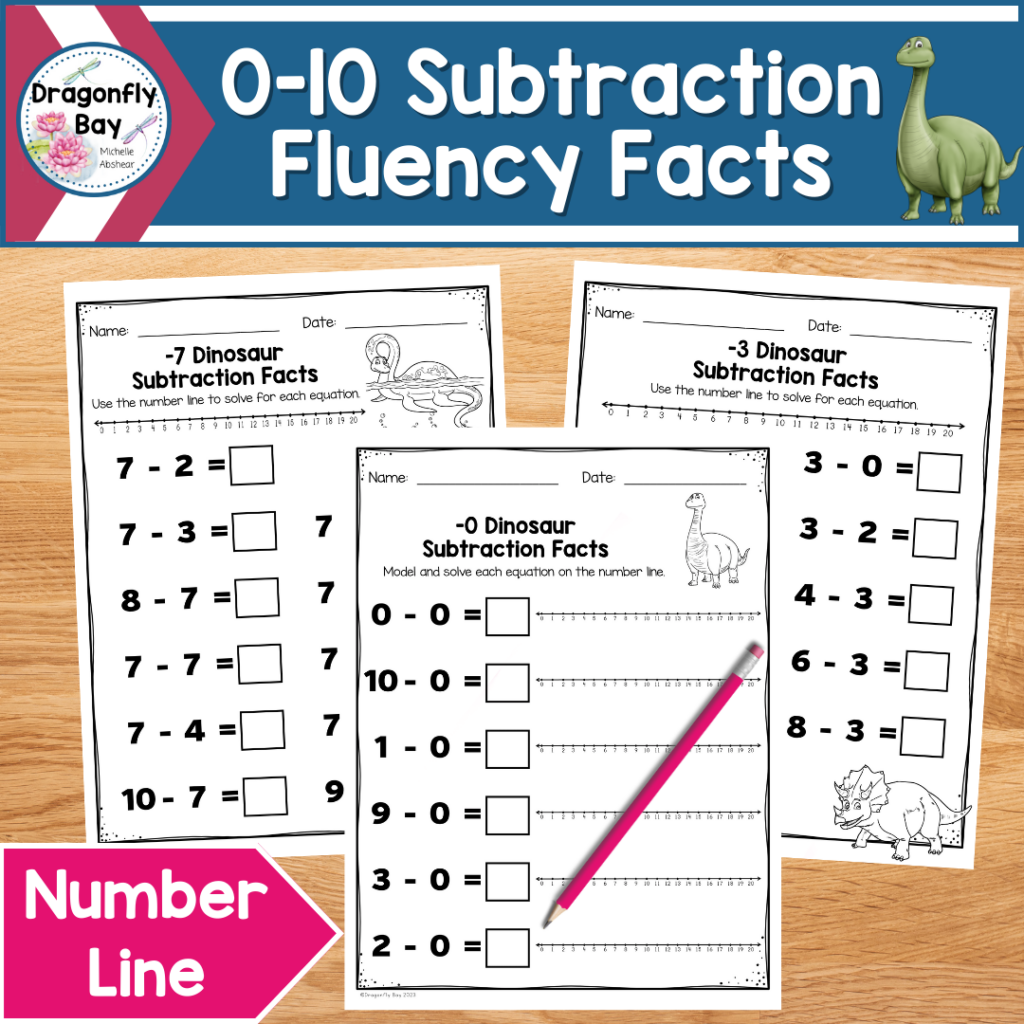Subtraction Fluency 0-10 Facts with a Number Line Dinosaur Themed ...