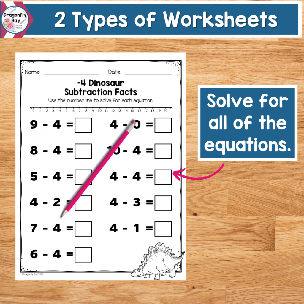 Subtraction Fluency 0-10 Facts with a Number Line Dinosaur Themed ...