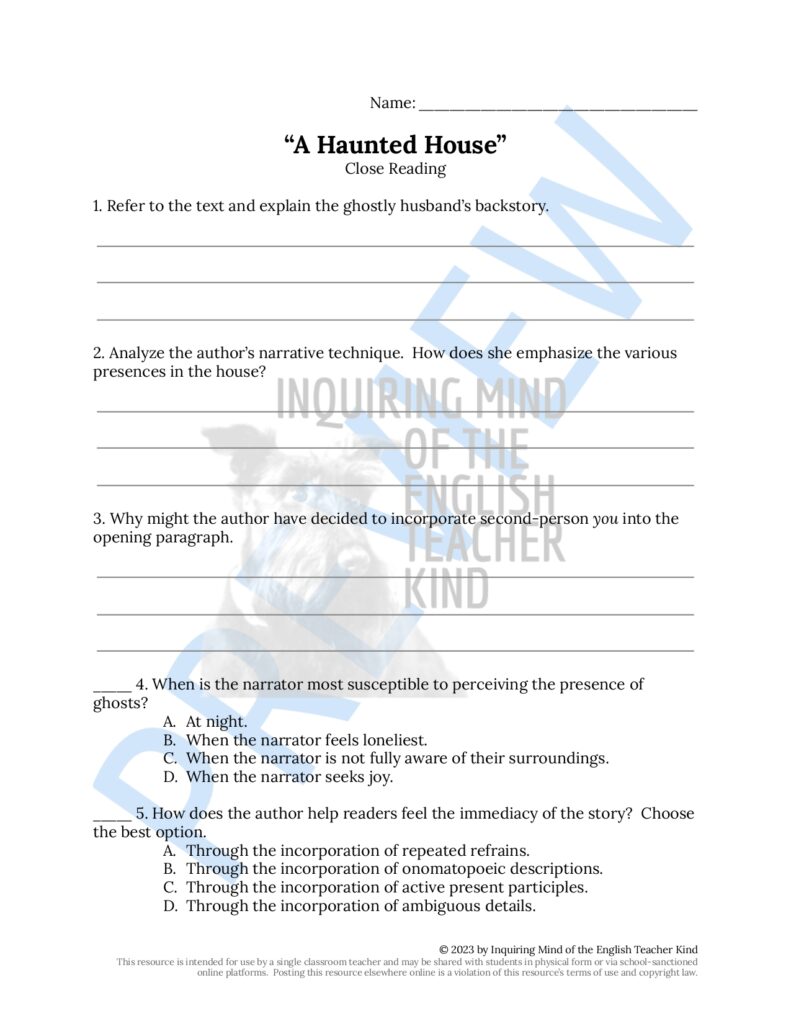 "A Haunted House" by Virginia Woolf Close Reading Worksheet | Made By ...