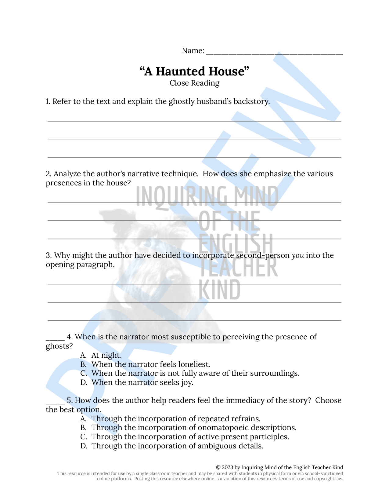 "A Haunted House" by Virginia Woolf Close Reading Worksheet | Made By ...