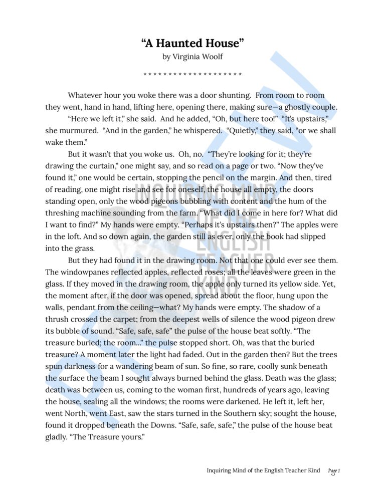 "A Haunted House" by Virginia Woolf Quiz and Close Reading Bundle ...