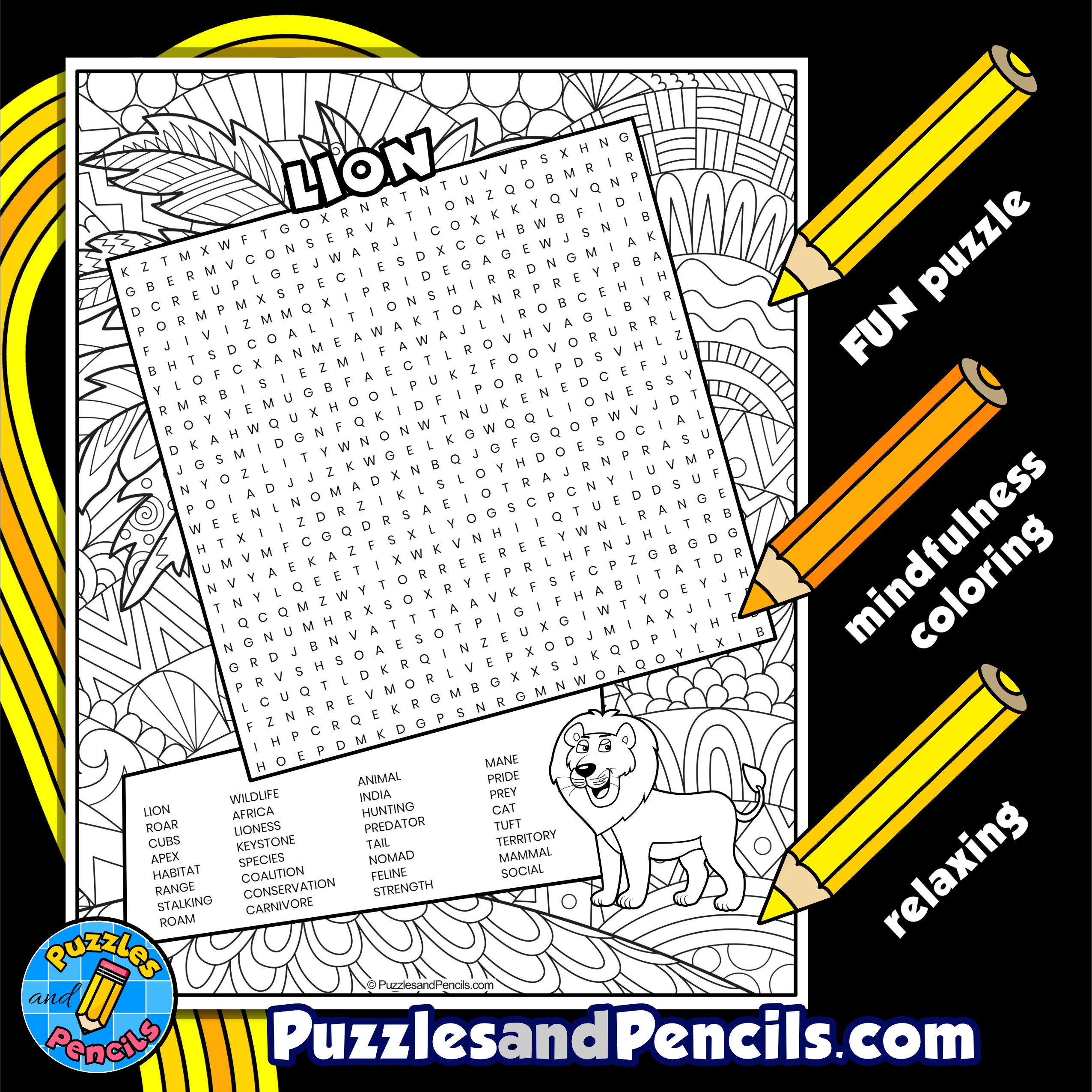 Lion Word Search Puzzle with Coloring | Wildlife Wordsearch | Made By ...