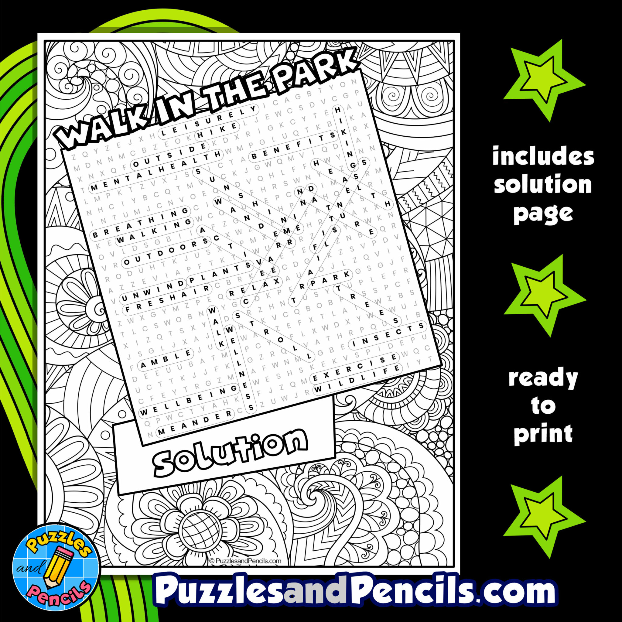 Walk in the Park Word Search Puzzle with Coloring | Take a Walk in the ...