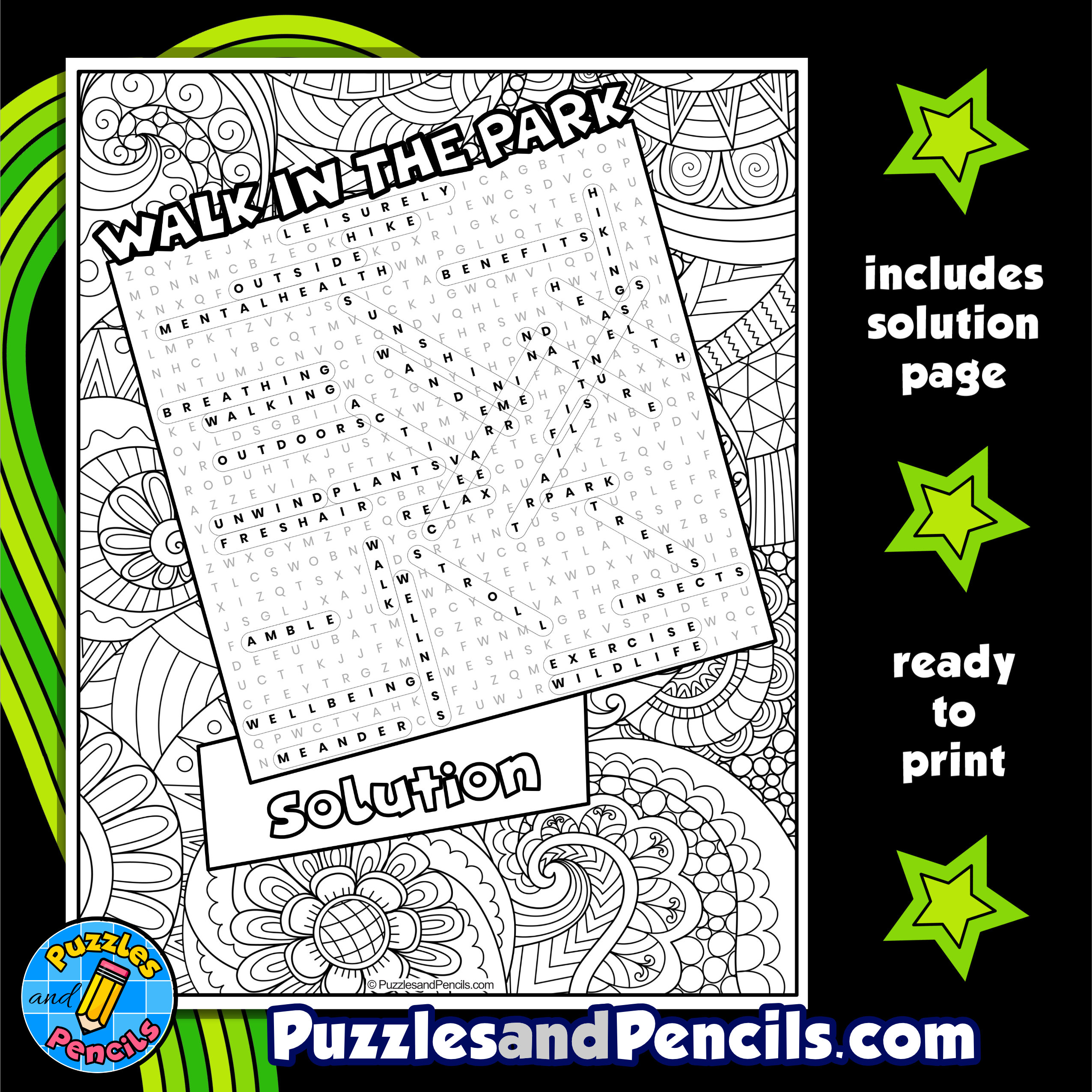 Walk in the Park Word Search Puzzle with Coloring | Take a Walk in the ...
