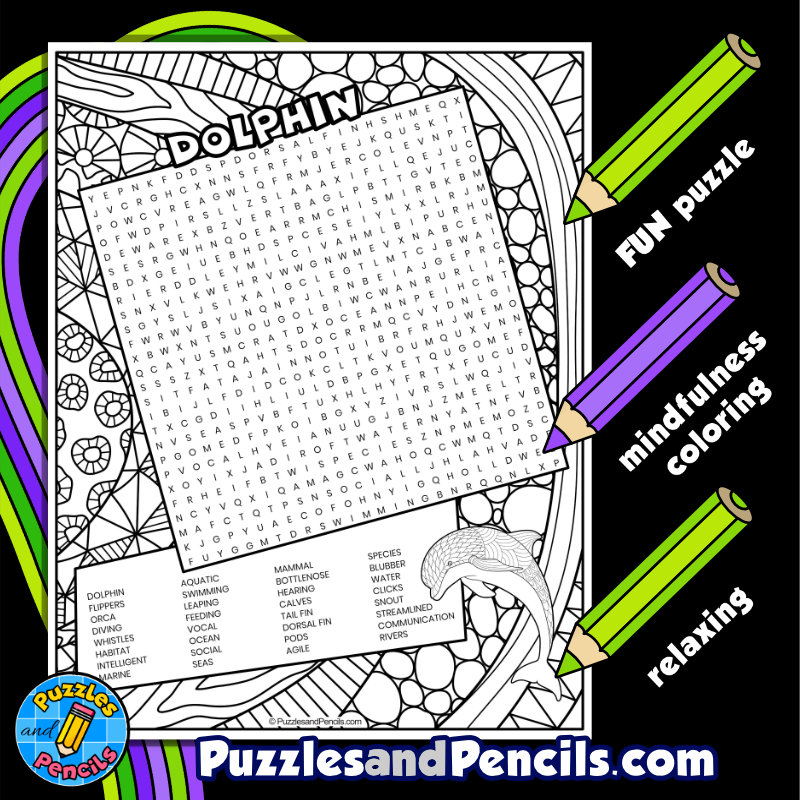 Dolphin Word Search Puzzle with Coloring | Marine Life Wordsearch ...