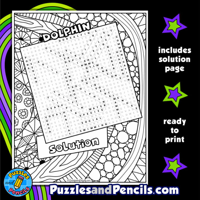 Dolphin Word Search Puzzle with Coloring | Marine Life Wordsearch ...