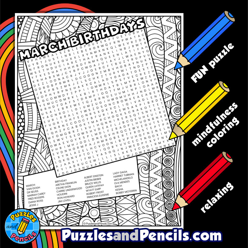 Famous March Birthdays Word Search Puzzle with Coloring | Wordsearch ...