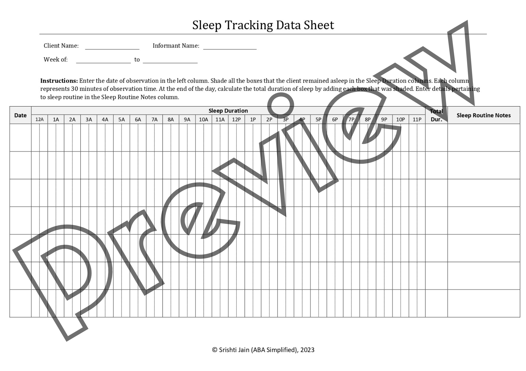 Sleep Tracking Data Sheet for ABA Therapy Freebie | Made By Teachers