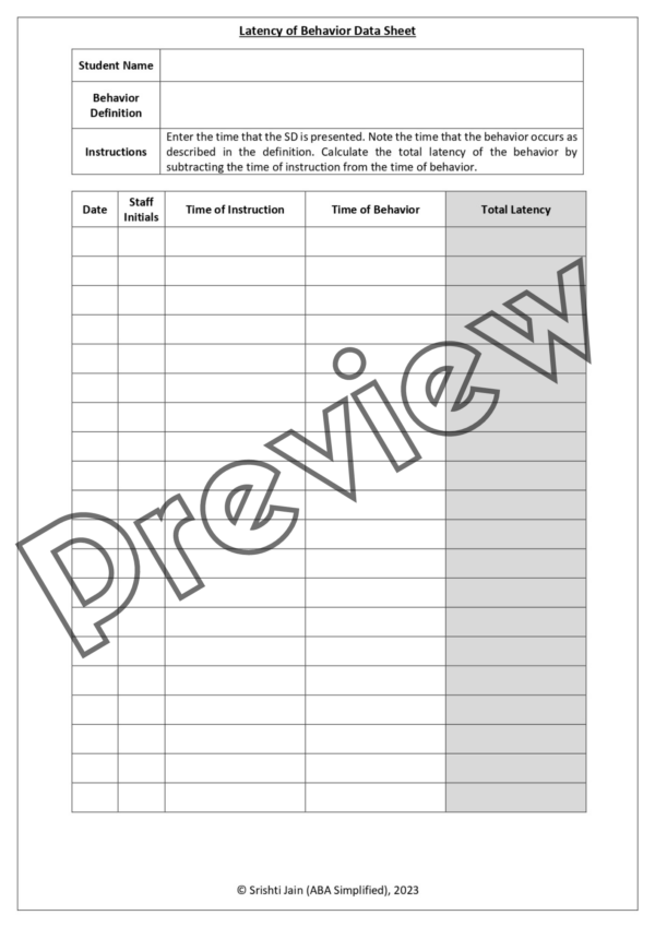 Editable Data Sheets for Rate, Duration and Latency Recording | ABA ...