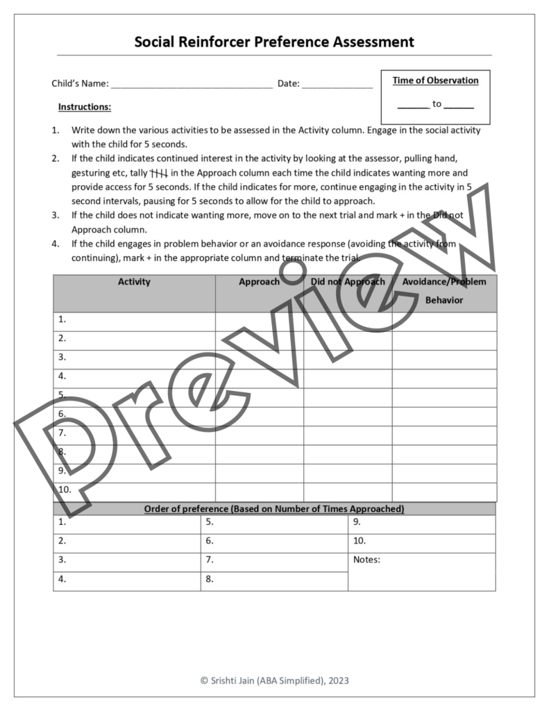 Editable Social Reinforcers Preference Assessment Data Sheet | Made By ...