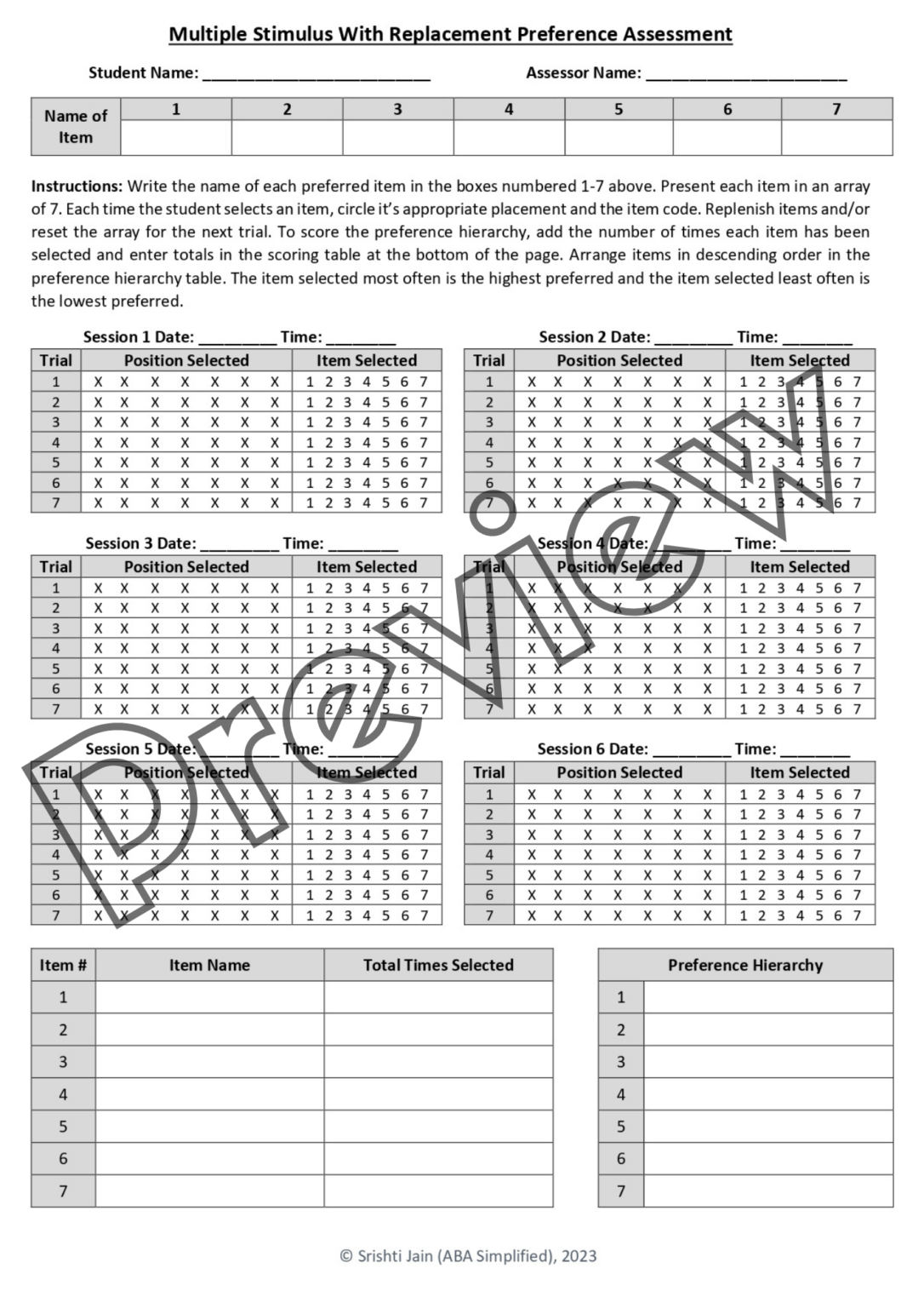Editable Preference Assessment Data Sheets for ABA Therapy | Made By ...