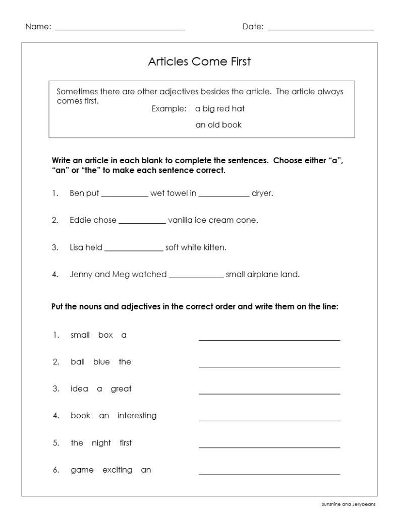 Articles are Adjectives - "a", "an", "the" - 4 worksheets - Grades 1-2 ...