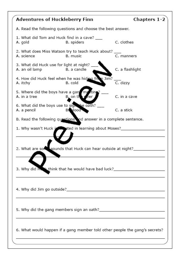 "Adventures of Huckleberry Finn" worksheets | Made By Teachers