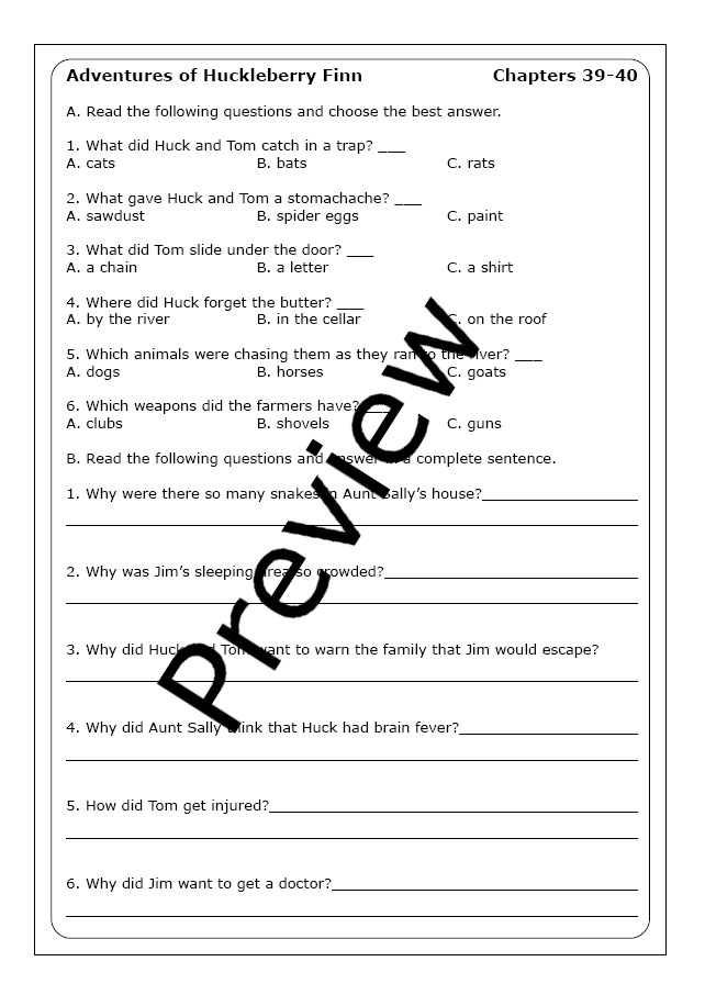 "Adventures of Huckleberry Finn" worksheets | Made By Teachers