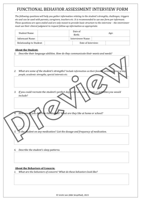 Functional Behavior Assessment (FBA) - Report Template & Interview ...