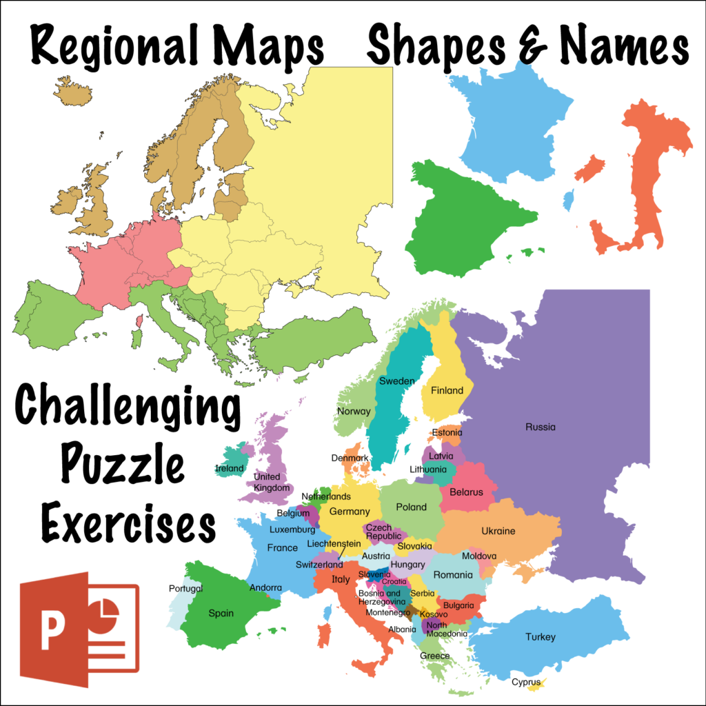 Europe Map Puzzles Regions Countries PowerPoint ESL ELL Newcomer | Made ...