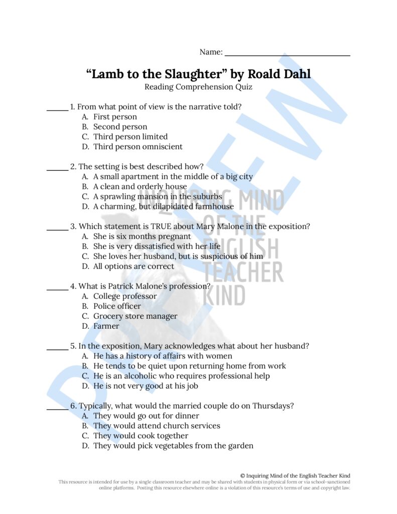 "Lamb to the Slaughter" by Roald Dahl Quiz and Answer Key | Made By ...