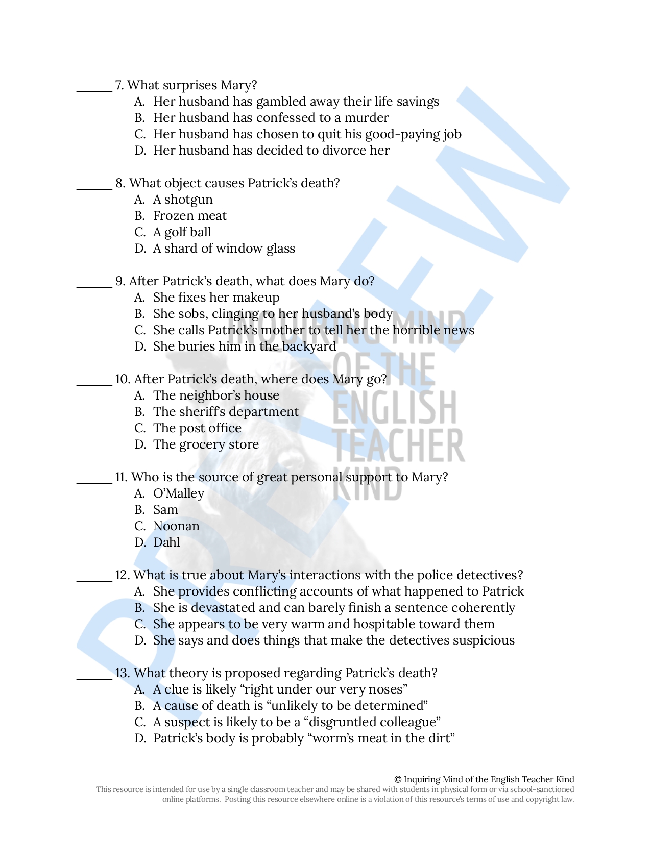 "Lamb to the Slaughter" by Roald Dahl Quiz and Answer Key | Made By ...
