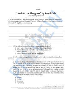 "Lamb to the Slaughter" by Roald Dahl Close Reading Worksheet | Made By ...