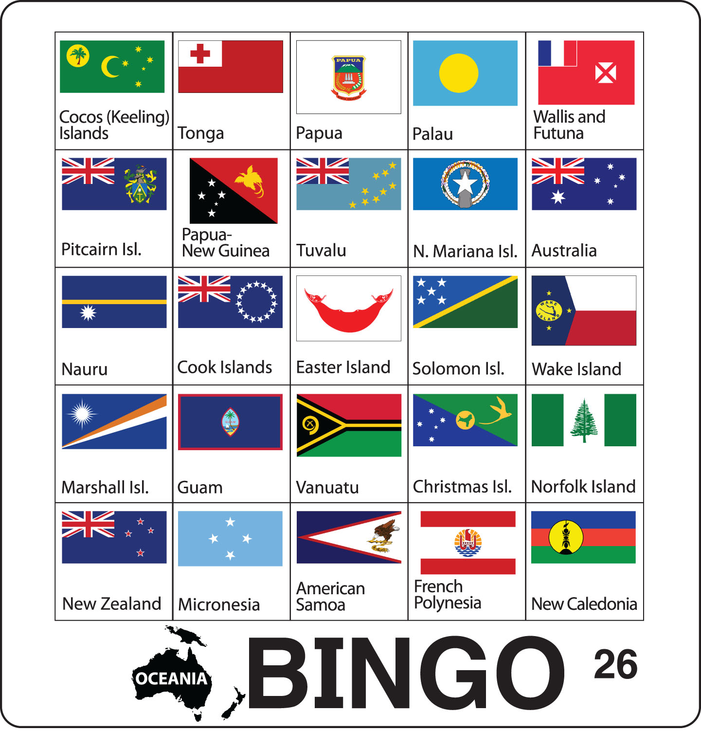 Flags of the World Bingo Oceania ESL ELL Newcomer Game | Made By Teachers