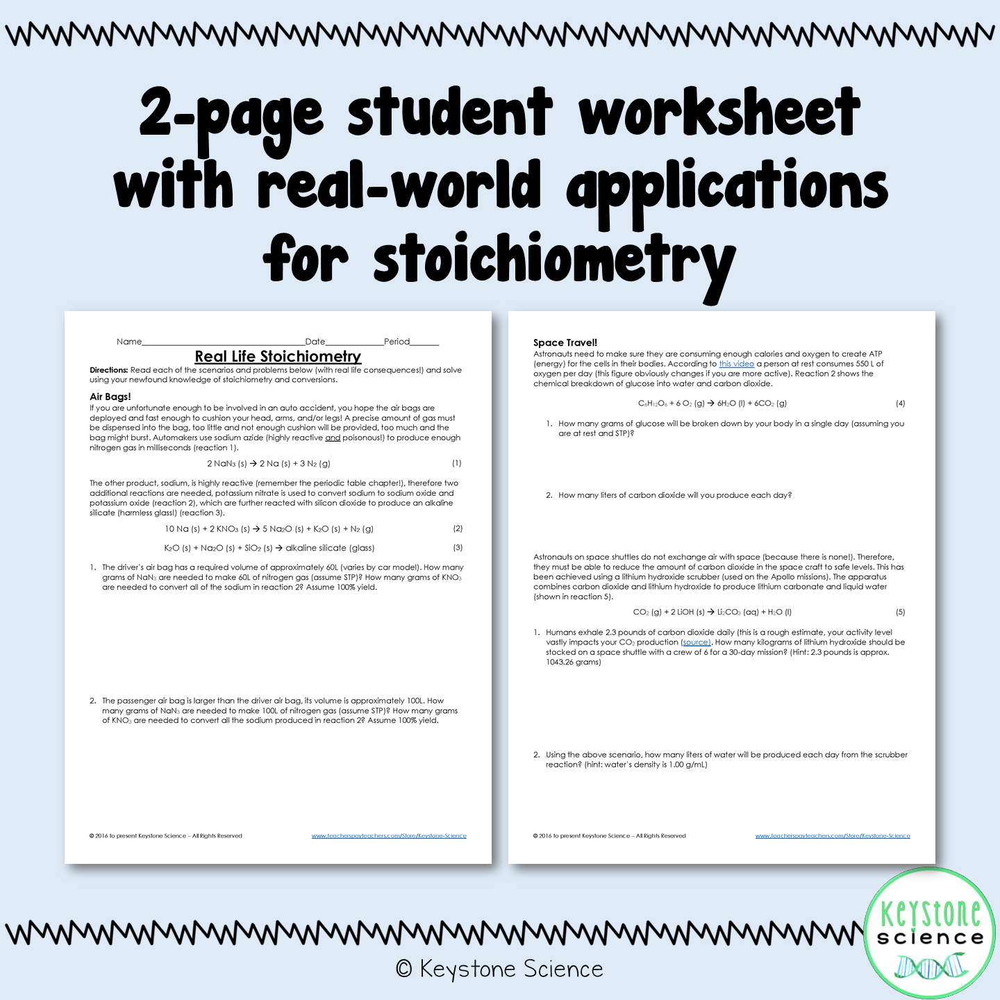 Chemistry Real Life Stoichiometry Application Problems with Answer Key ...