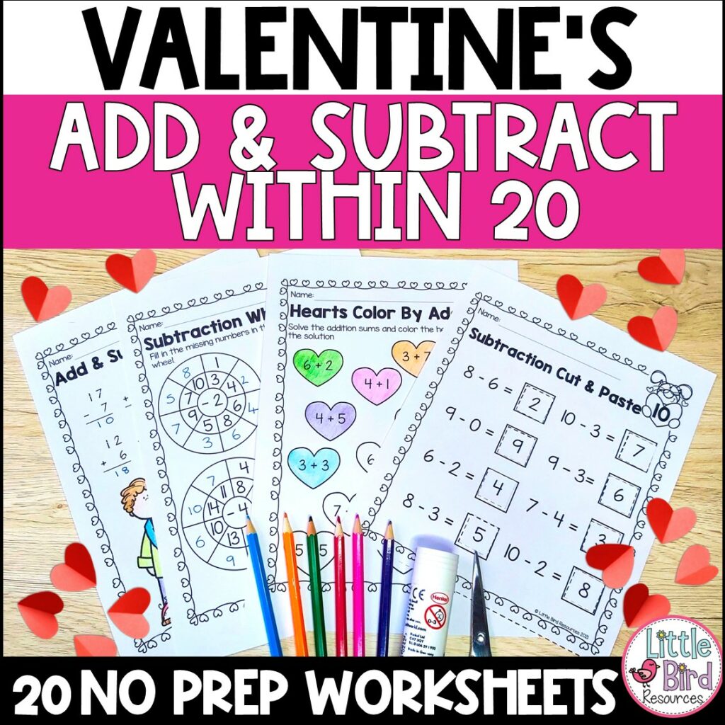 Valentine's Day Addition and Subtraction within 20 Worksheets February ...