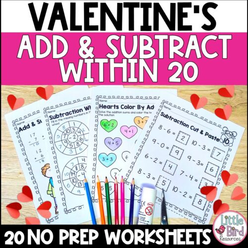Valentine's Day Addition and Subtraction within 20 Worksheets February ...