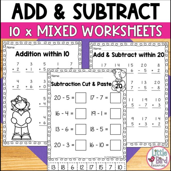 Valentine's Day Addition and Subtraction within 20 Worksheets February ...