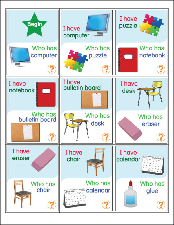 Classroom Vocabulary I Have Who Has Activity ESL ELL Newcomer Game ...