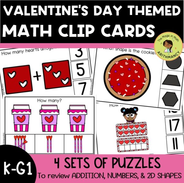 Valentine’s Day Clip Cards for Addition, Numbers Sense, 2D Shapes ...