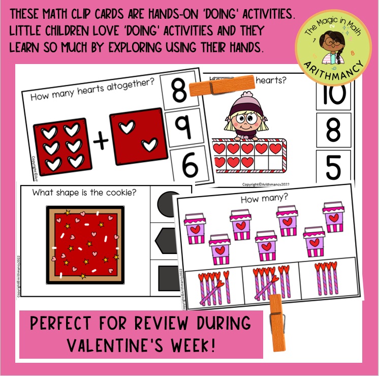Valentine’s Day Clip Cards for Addition, Numbers Sense, 2D Shapes ...