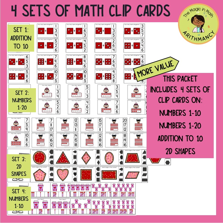 Valentine’s Day Clip Cards for Addition, Numbers Sense, 2D Shapes ...