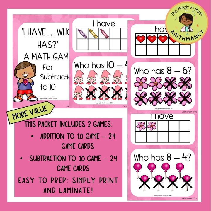 Valentine's Day Math Game for Review of Addition & Subtraction to 10 ...