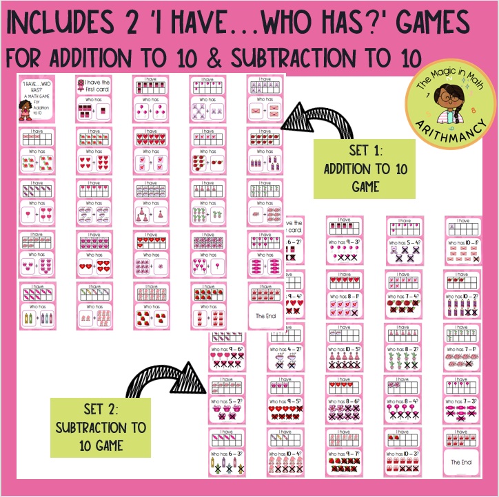 Valentine's Day Math Game for Review of Addition & Subtraction to 10 ...