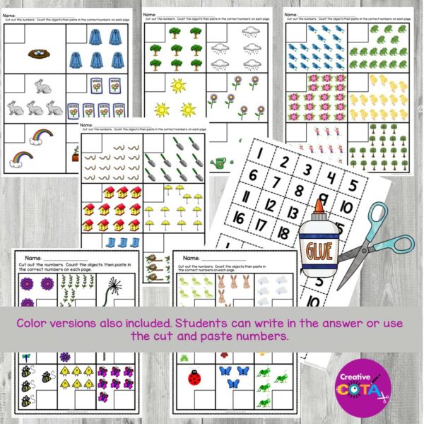 No Prep Spring Kindergarten Math Numbers 1-20 Cut and Paste Worksheets ...