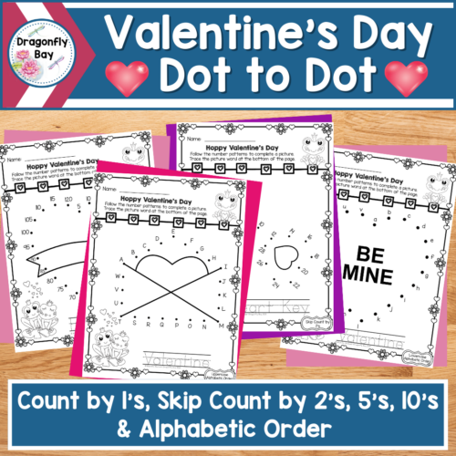 Valentines Day Dot to Dot by 1s Skip Count by 2s 5s 10s and Alphabetic ...