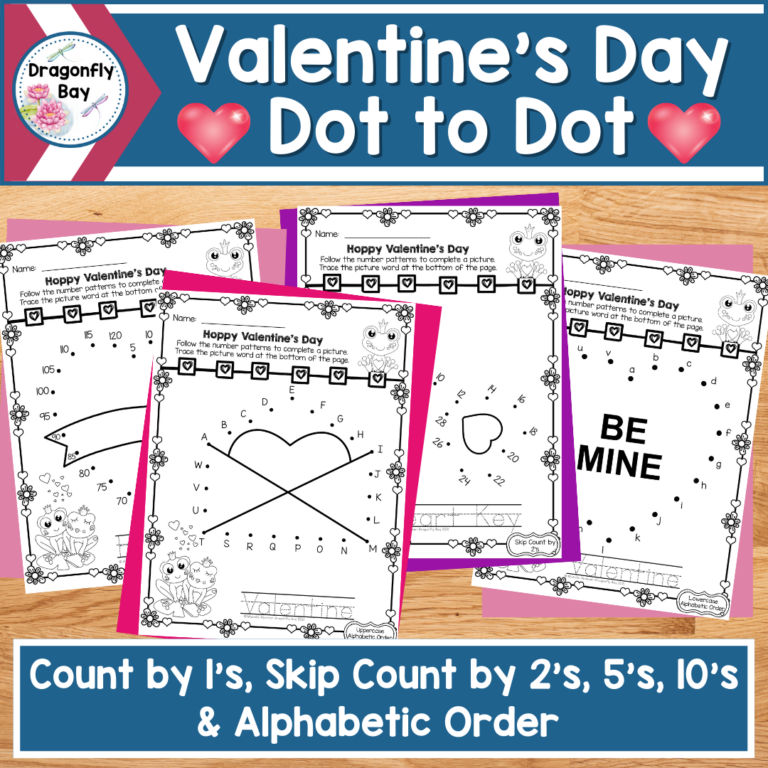 Valentines Day Dot to Dot by 1s Skip Count by 2s 5s 10s and Alphabetic ...