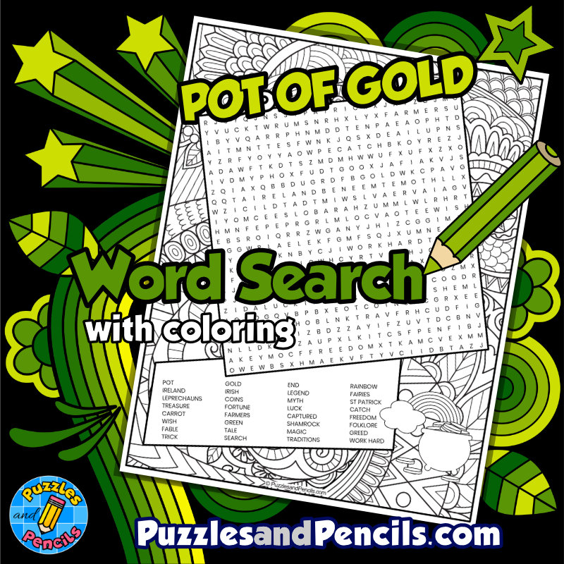 Pot of Gold Word Search Puzzle with Coloring | St Patrick's Day ...