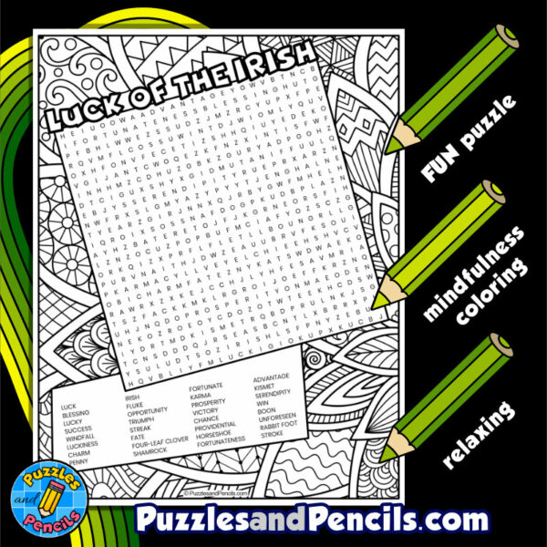 Luck of the Irish Word Search Puzzle with Coloring | St Patrick's Day ...