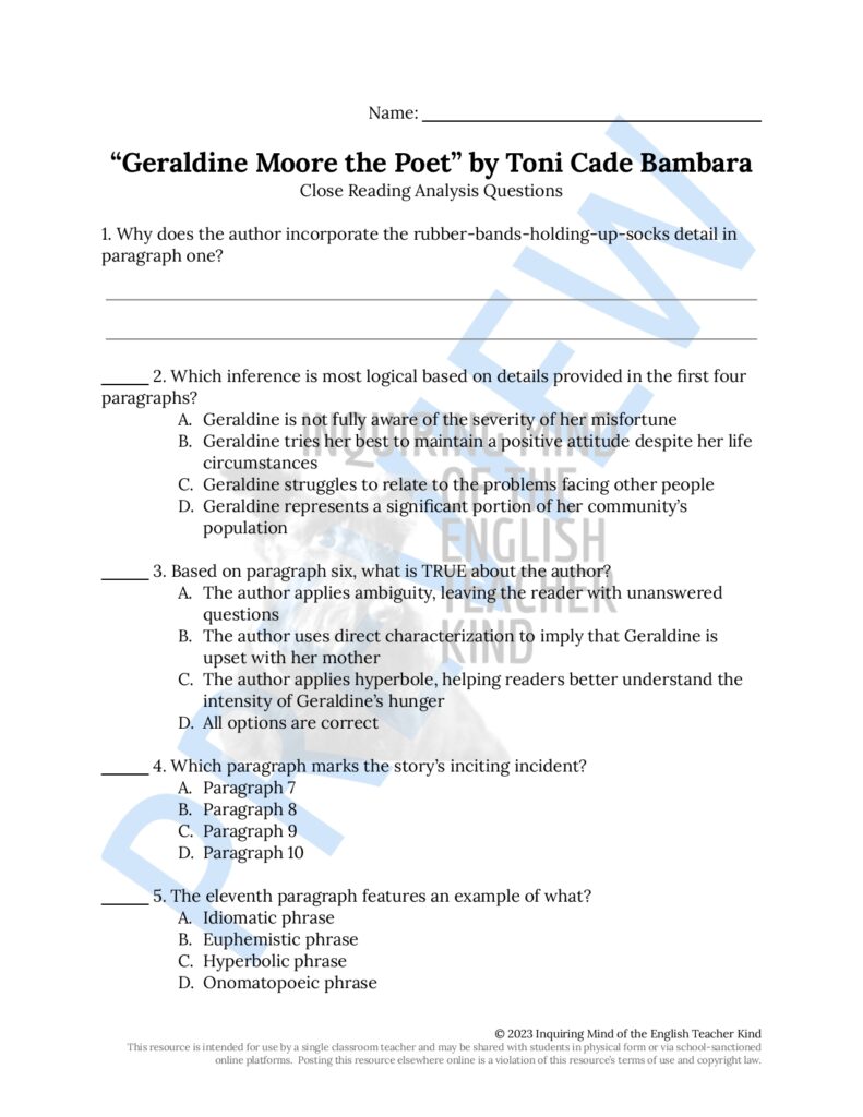 "Geraldine Moore the Poet" by Toni Cade Bambara Close Reading Questions ...