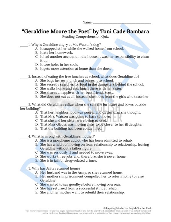 "Geraldine Moore the Poet" by Toni Cade Bambara Quiz and Close Reading ...