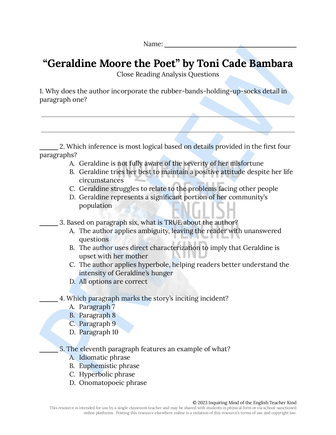 "Geraldine Moore the Poet" by Toni Cade Bambara Quiz and Close Reading ...