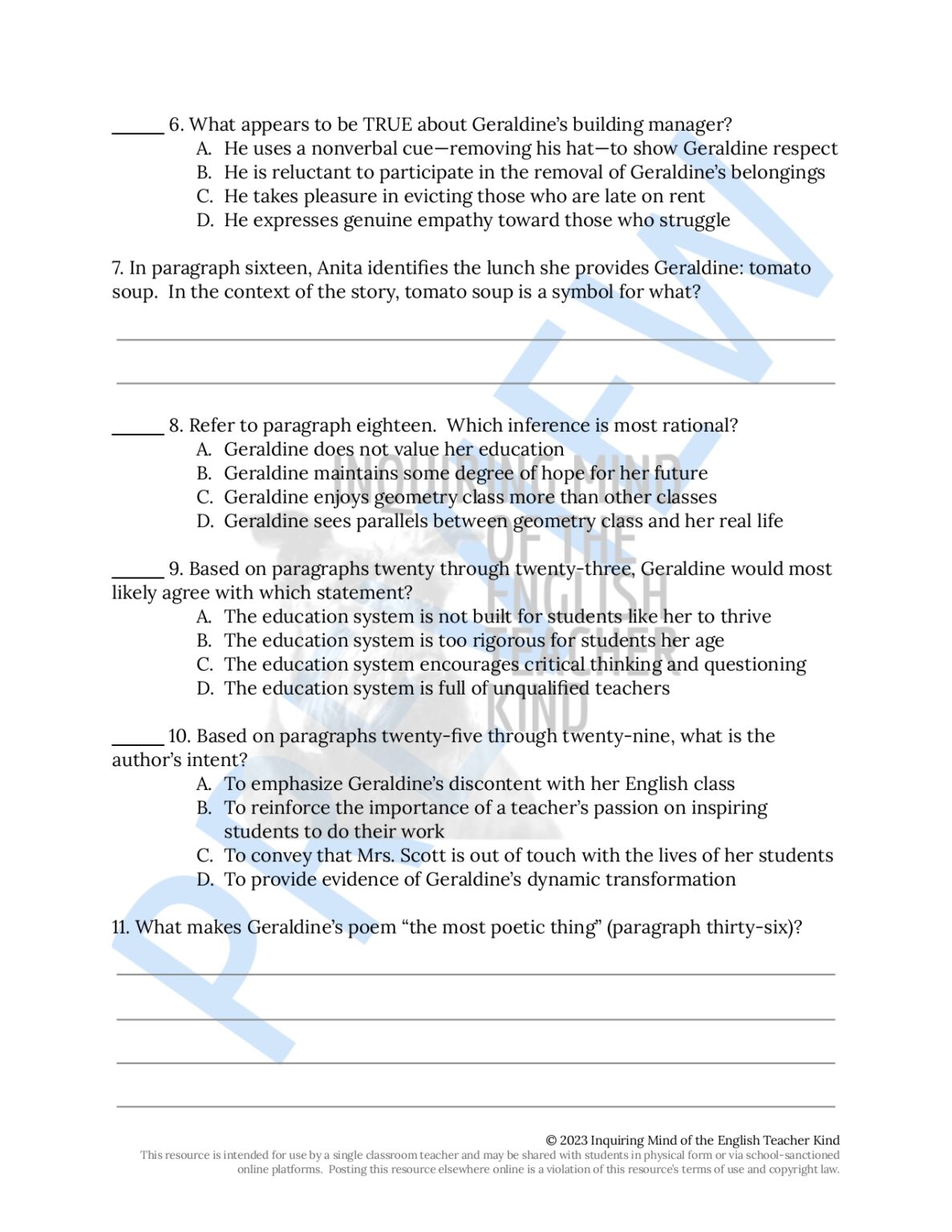 "Geraldine Moore the Poet" by Toni Cade Bambara Quiz and Close Reading ...