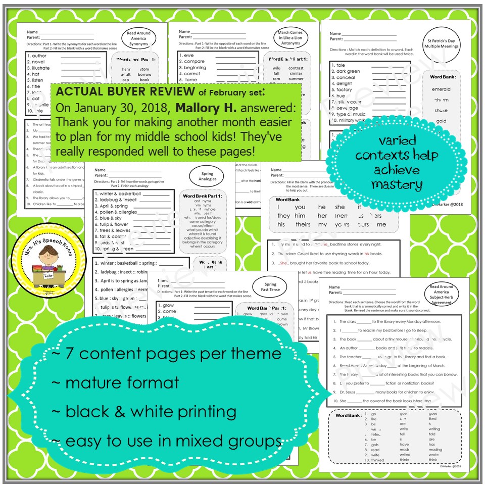 March Language and Vocabulary Printables for Middle School Speech ...