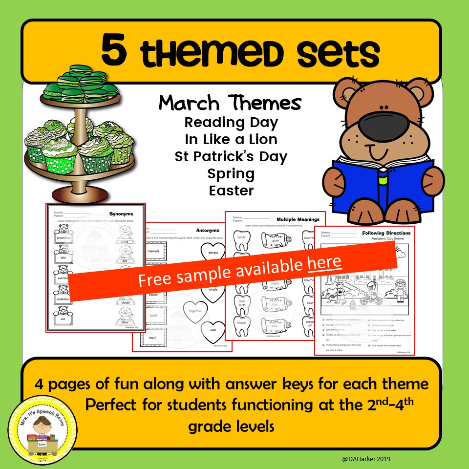 March Speech Therapy Vocabulary Worksheets for Elementary Language ...