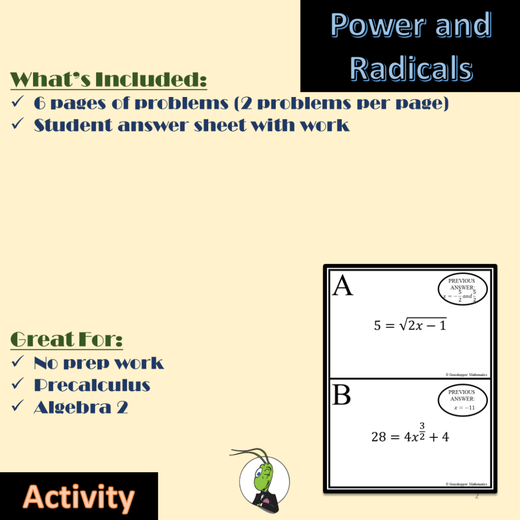 Solving Power and Radical Equations Scavenger Hunt Precalculus | Made ...