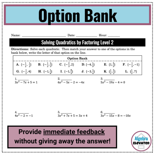 Solving Quadratic Equations by Factoring Worksheet Level 2 - Made By ...