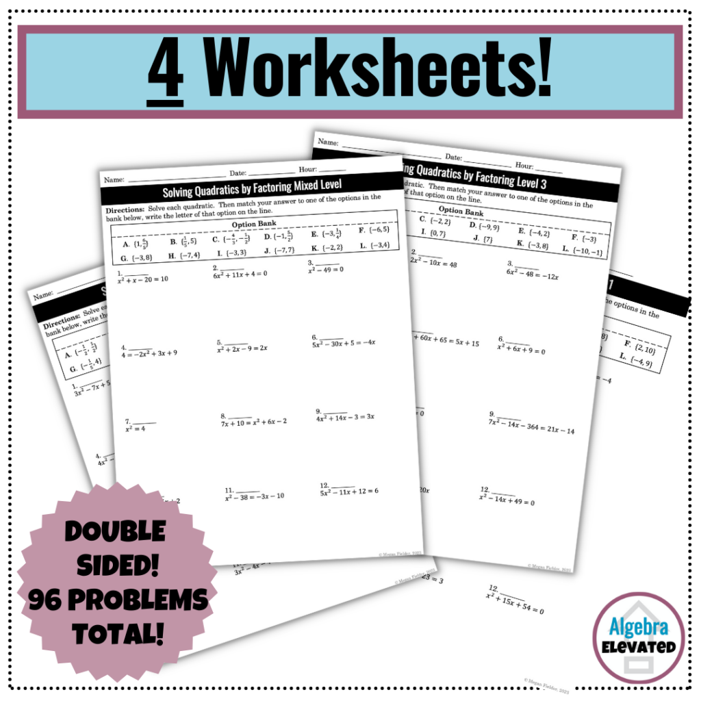 Solving Quadratic Equations by Factoring Worksheet Bundle | Made By ...