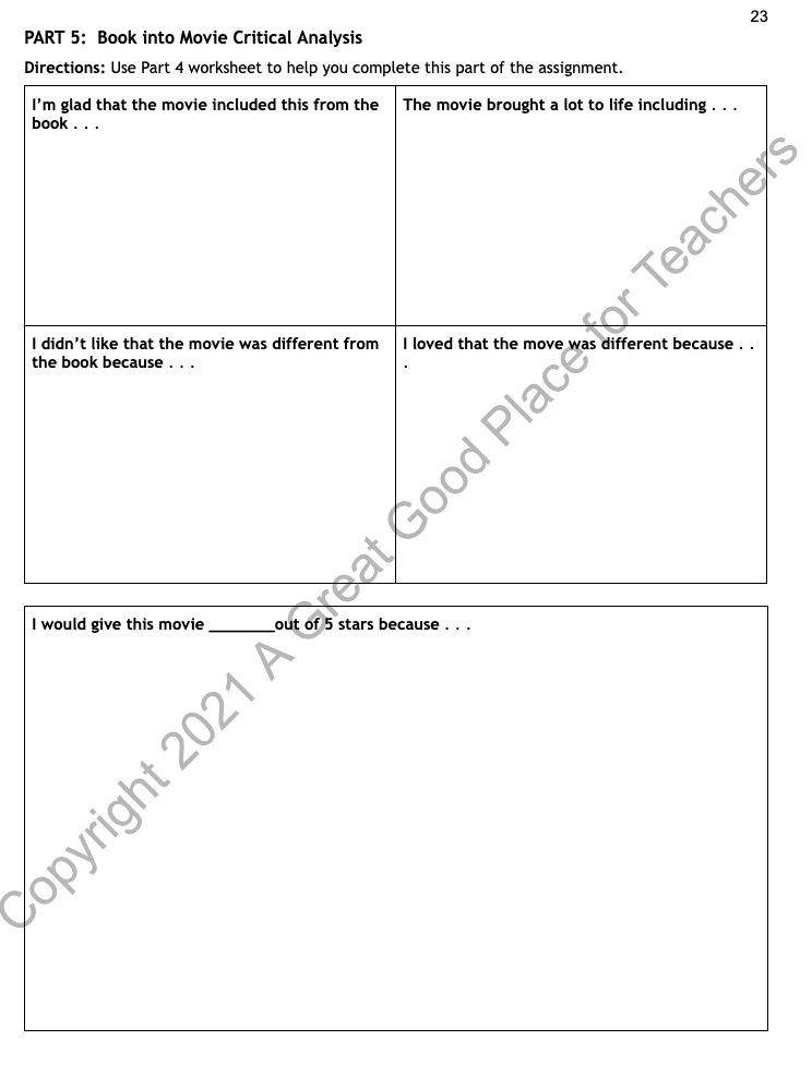 Book into Movie Project: Comparing and Contrasting | Made By Teachers