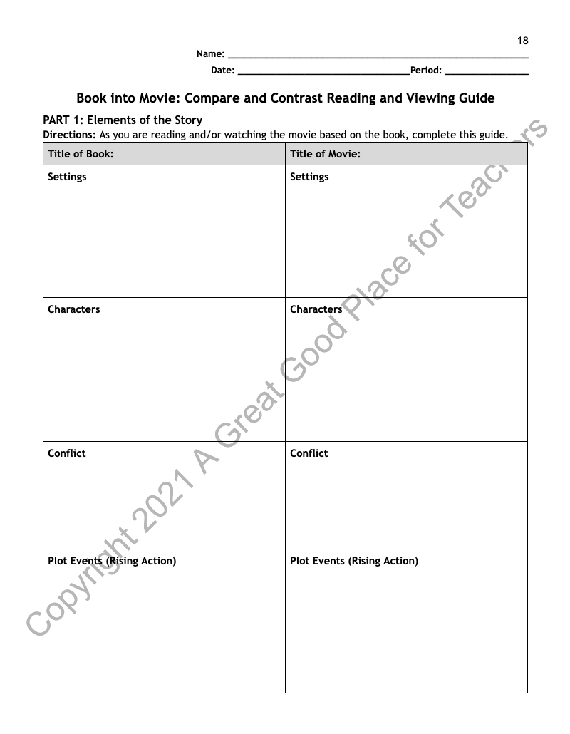 Book into Movie Project: Comparing and Contrasting | Made By Teachers